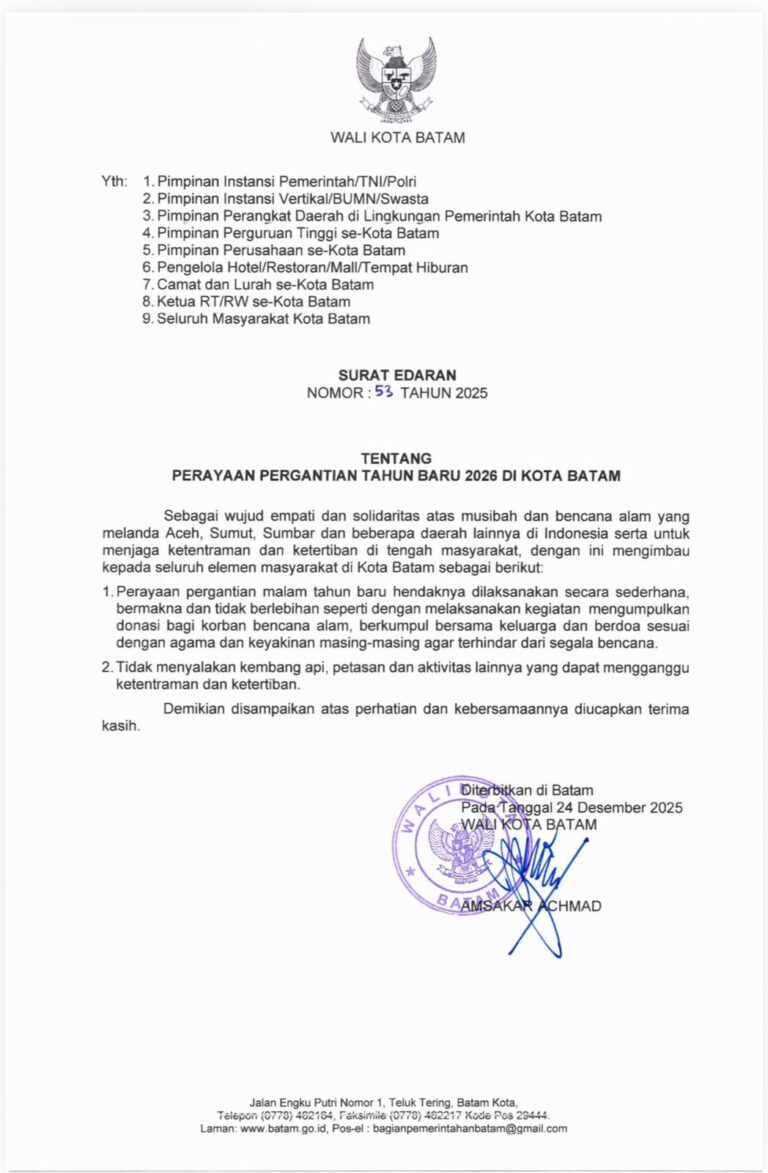 Batam akan Rayakan Tahun Baru 2026 Tanpa Kembang Api